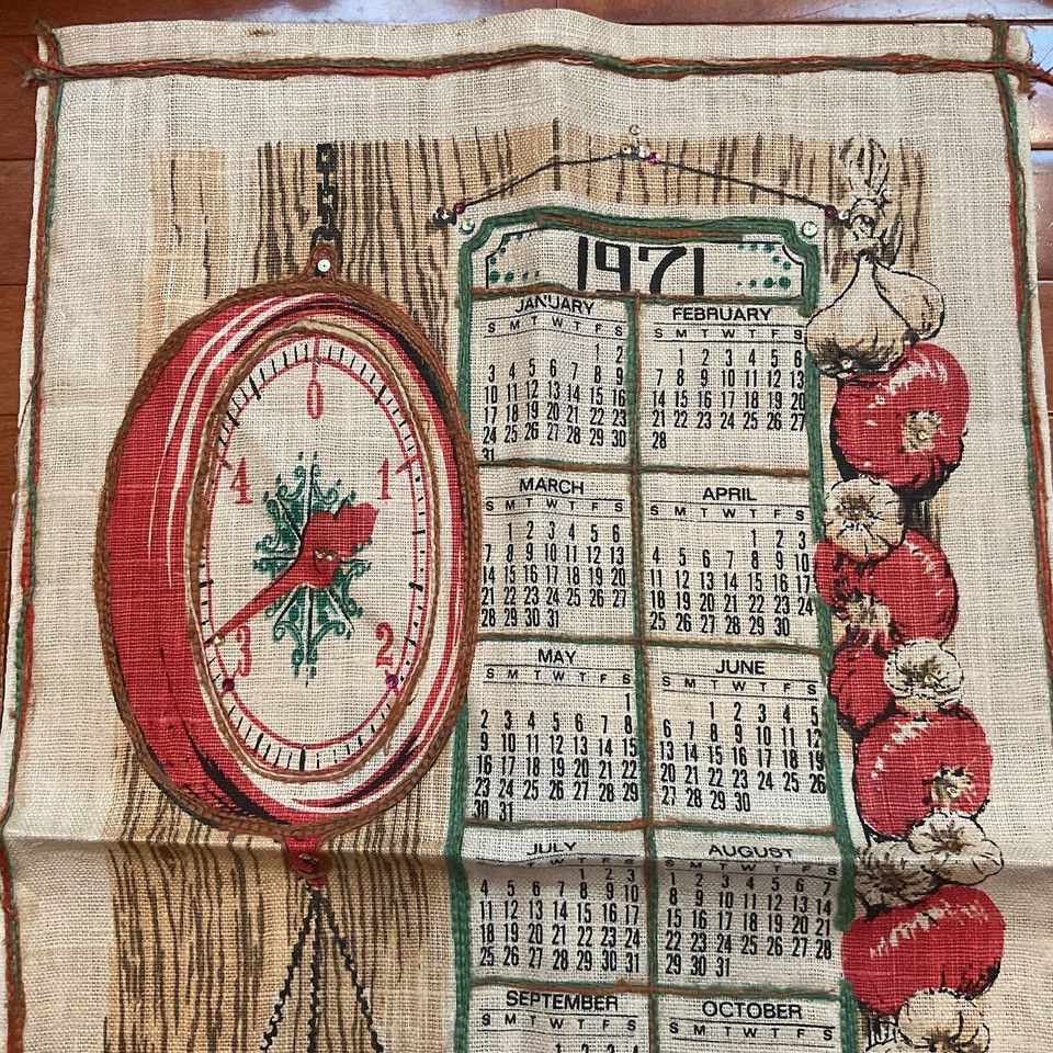 Vintage 1971 Kitchen Linen Calendar Tea Towel Garlic Tomatoes Yarn ...