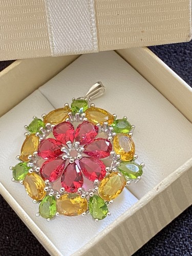Large Silver Red Green Yellow Flower Pendant Simulated Gemstones Chain ...
