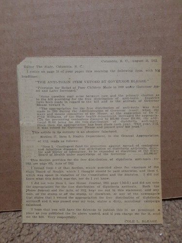 1912 Cole L Blease Governor Newspaper Article Ad Anti-Toxin Item Vetoed ...