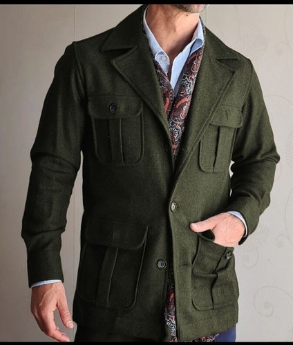 Army Green Wool Men's Safari Jackets Multi Pockets Vintage Outdoor ...