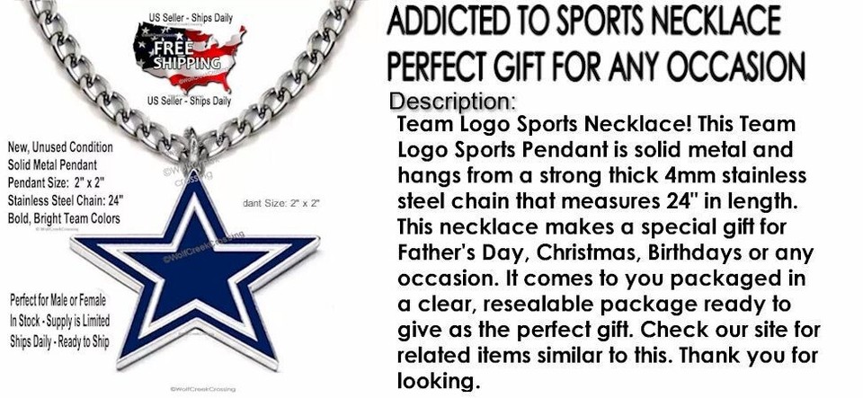 LARGE DALLAS COWBOYS NECKLACE Stainless Steel Chain NFL Football Metal ...