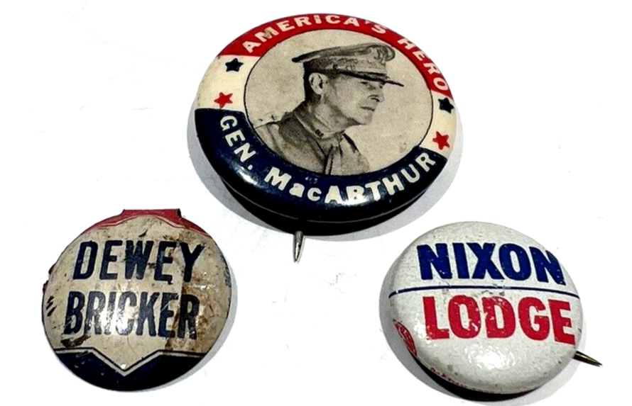 Vintage Lot of 3 CAMPAIGN BUTTONS NIXON LODGE DEWEY BRICKER GENERAL MAC ...