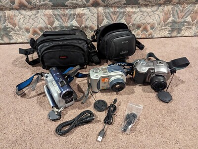 Lot of 3 Sony CD, DVD Mavica Cameras Handycam, Camcorder, Cases, Cables ...