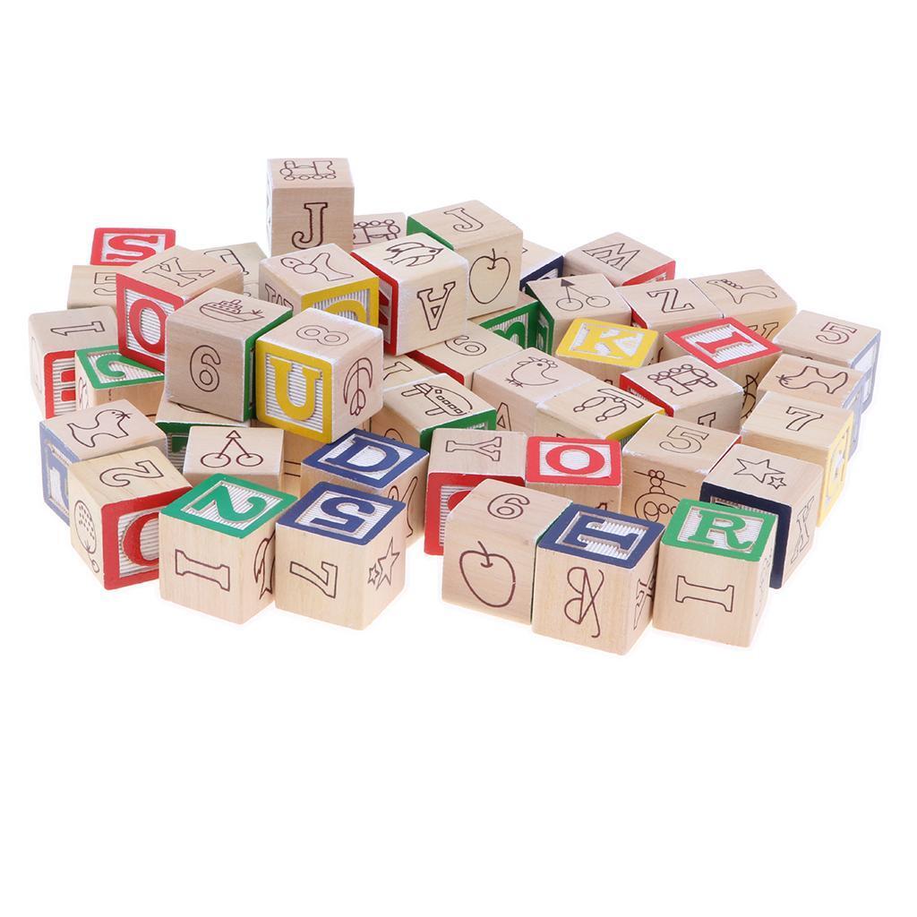 50pcs Wooden Cartoon A~Z Alphabet Numbers Printed Cubes Blocks ...