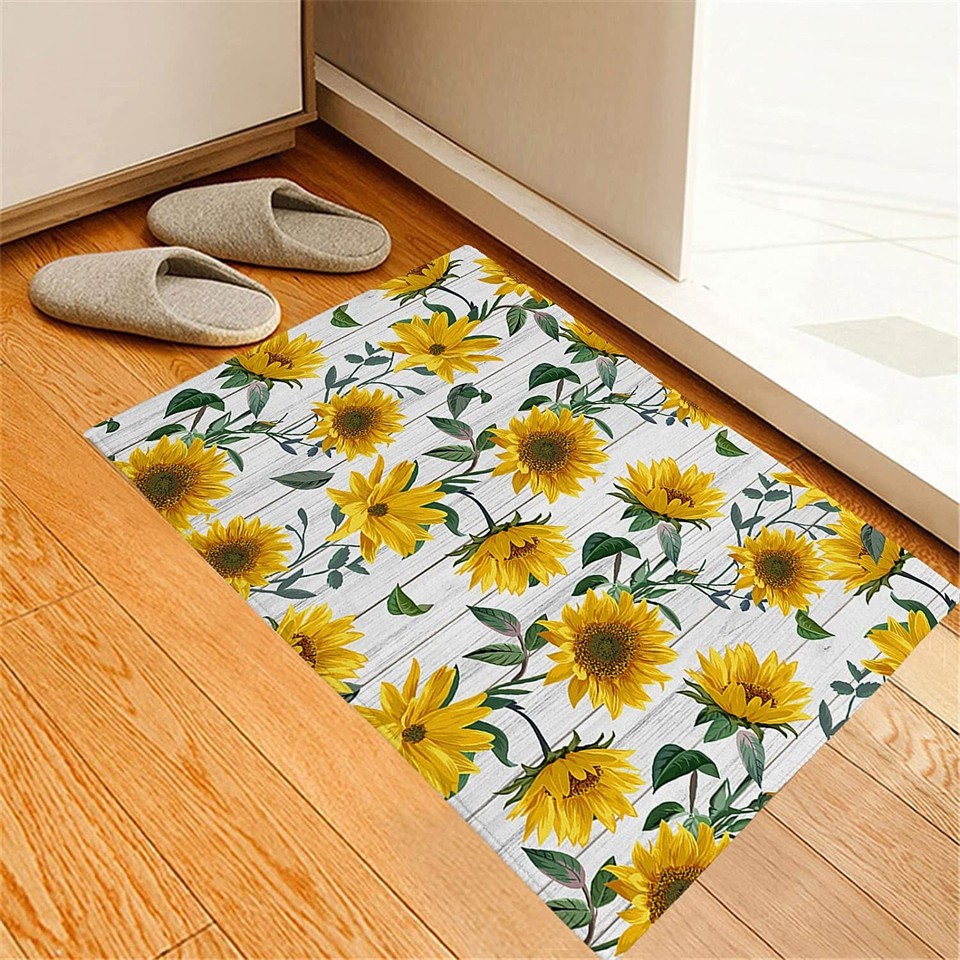Welcome Mat Front Entry Rugs Sunflower Yellow Flower Vintage Wood Grain ...