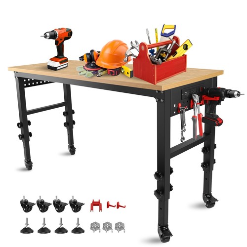60"Rolling Adjustable Heavy Duty Workbench with Rubber Wood Top Working ...