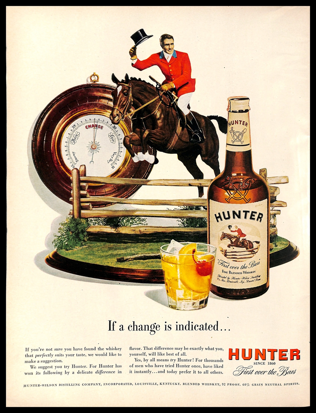 1948 Hunter Whiskey Alcohol Vintage PRINT AD Man Horse Barometer ...