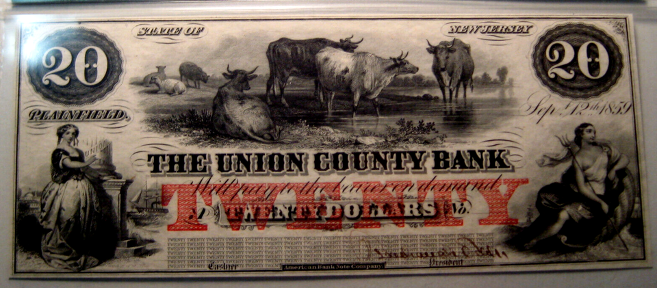 1859 $20 OBSOLETE BANK NOTE~UNION COUNTY BANK,N.J. SUPERB GEM UNC. PMG ...