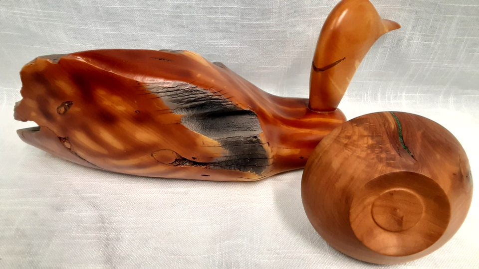 LOT 2 Vintage Artisan Burned Carved Wood DUCK Decoy Sculpture Flower ...