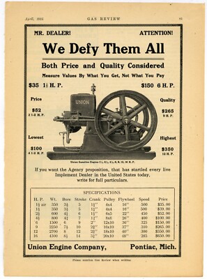 1915 Union Gas Engine Company Ad: "We Defy Them All" - Pontiac ...