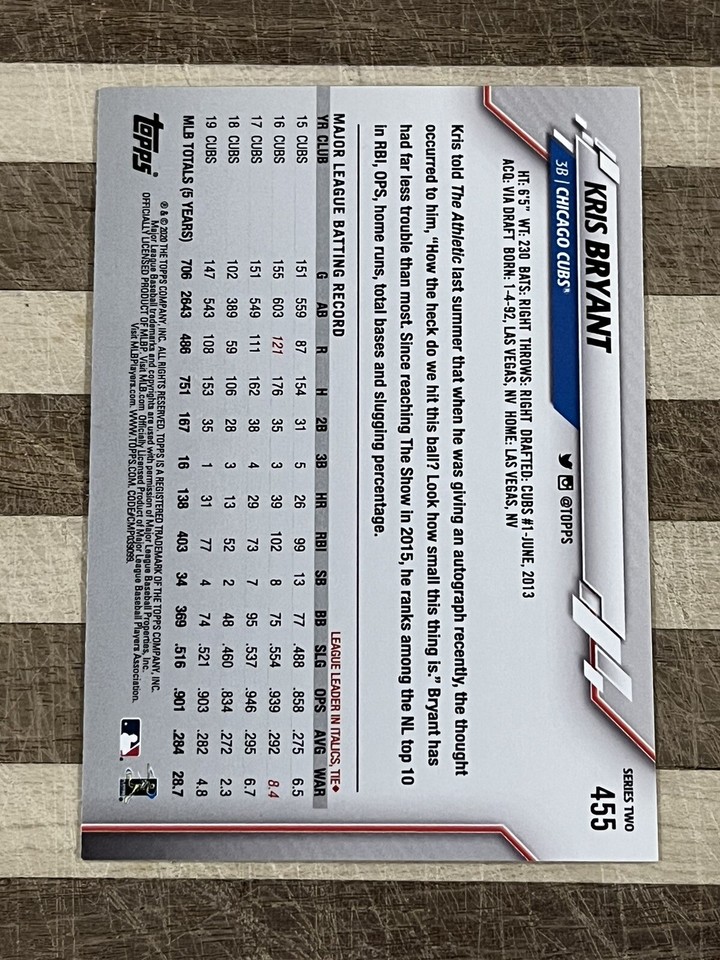 2020 Topps Baseball Kris Bryant Card #455 | eBay
