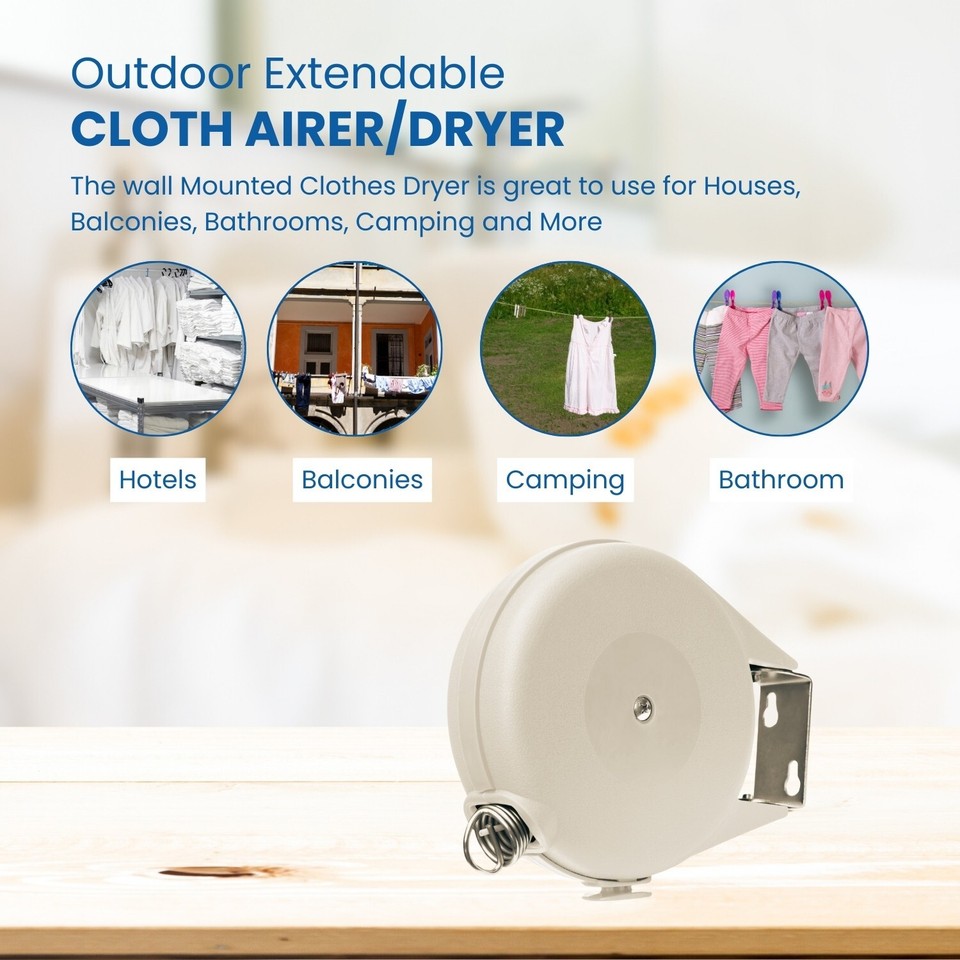 15M Retractable Washing Line Wall Mounted Outdoor Clothes Reel Laundry ...