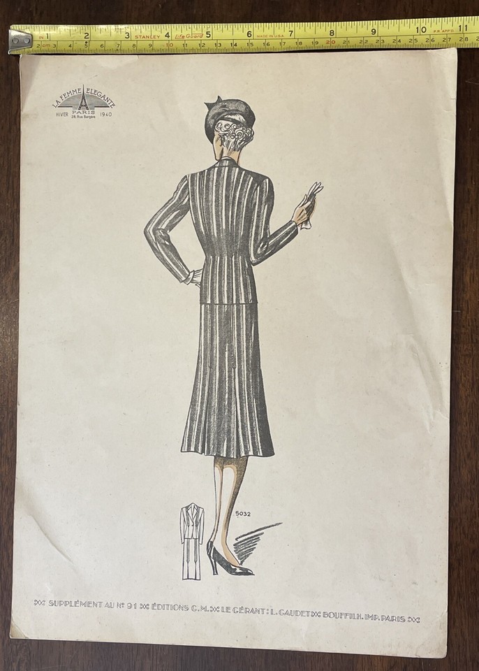 RARE VINTAGE 1940 LA FEMME ELEGANTE PARIS FASHION DESIGN PRINT No. 91 ...