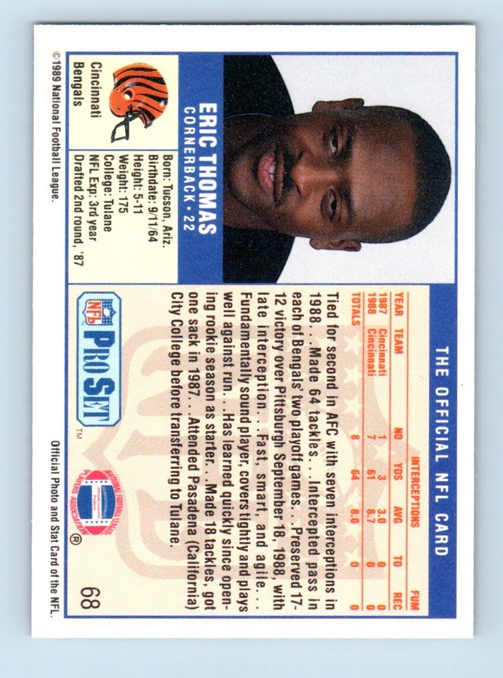 1989 Pro Set Eric Thomas Rookie Cincinnati Bengals #68 | eBay