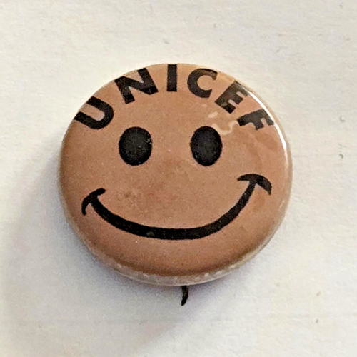 Unicef Pin Smiley Face Graphic Vintage Brown Black Lettering Pinback ...