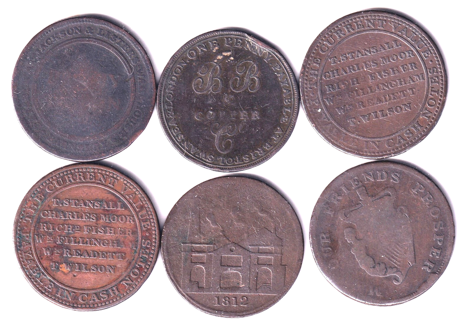 6 DIFFERENT UK & IRELAND CONDER TRADE TOKENS, PENNIES LOT D, 1811-1812 ...