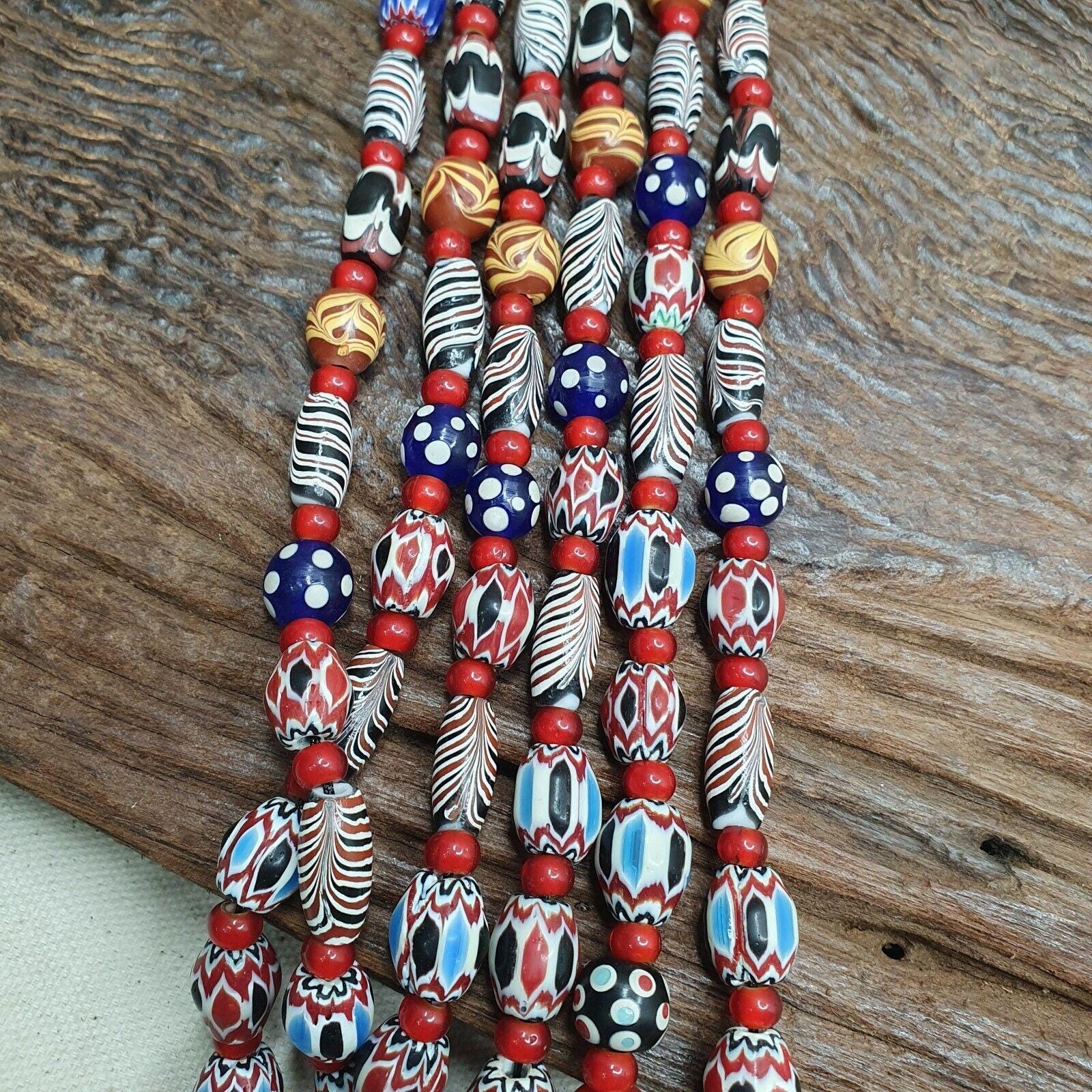 Vintage venetian style chevron feather skunk mix glass beads necklace ...