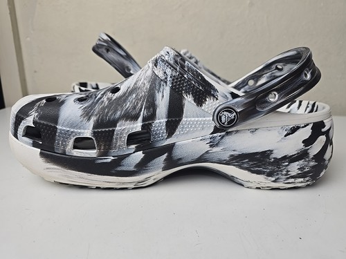 CROCS Iconic Comfort Clogs Womens 11 Black & White Marble Strap ...