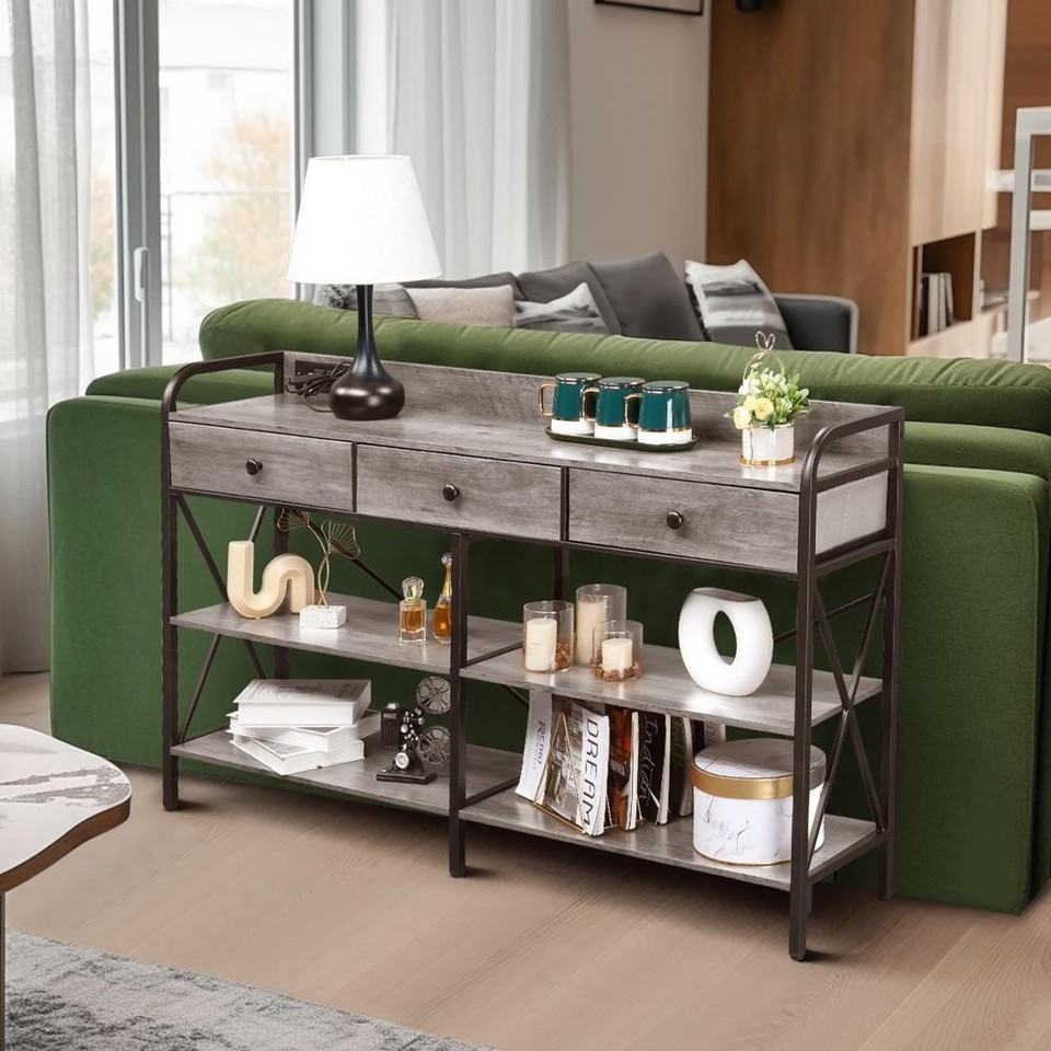 Sofa Table Power Outlet 43.7" Console Table with Stroage Shelves for ...