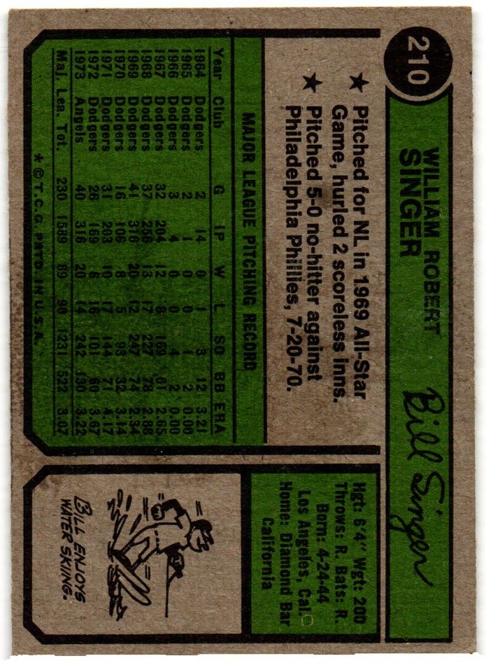 1974 Topps #210 Bill Singer California Angels | eBay