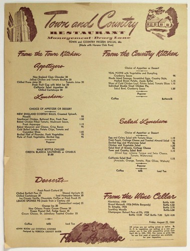 1944 WWII War Ration Menu TOWN & COUNTRY RESTAURANT Manhattan Park Ave ...