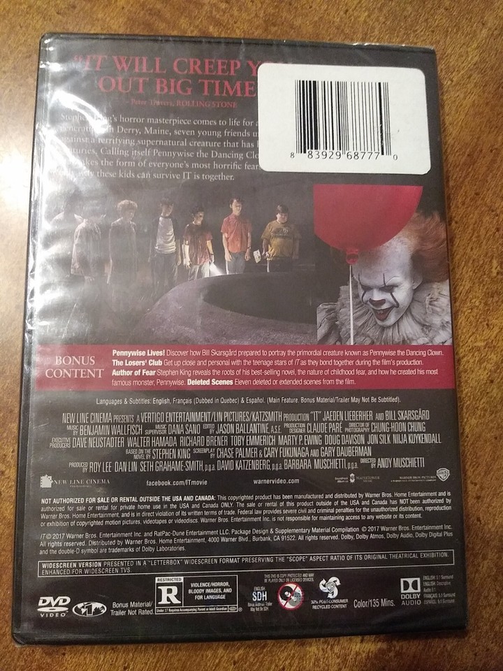 DVD Movie "IT", 2017 movie Stephen King scary pennywise clown red ...