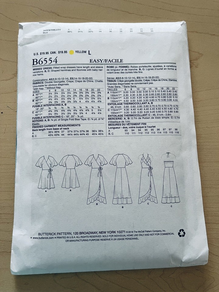 BUTTERICK 6554 MISSES EASY WRAP DRESSES W/ VARIATIONS PATTERN-NEW-UNCUT ...