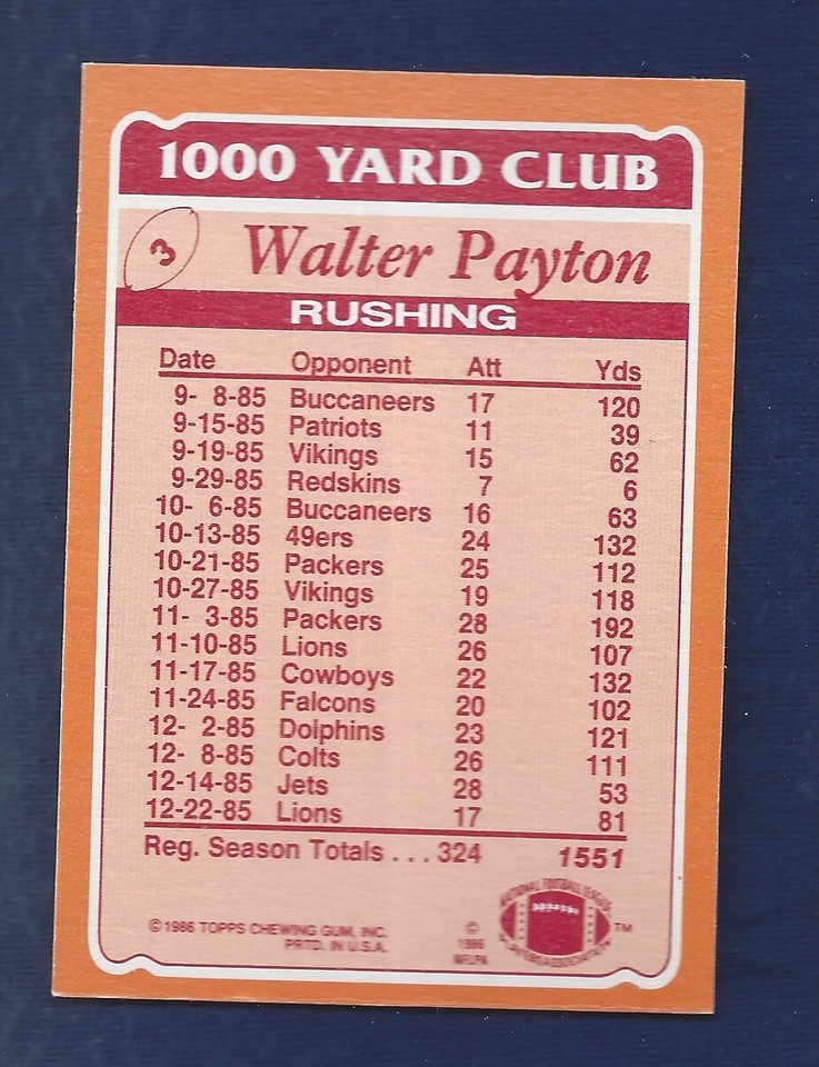 RAZOR SHARP 1986 TOPPS 1000 YARD CLUB #3 WALTER PAYTON .99 SH M692 | eBay