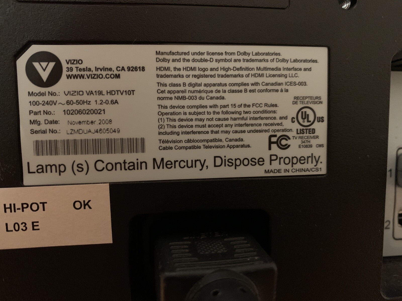 LOCAL PICKUP ONLY - Vizio VA19L HDTV10T 19" HD LCD Television/Monitor ...