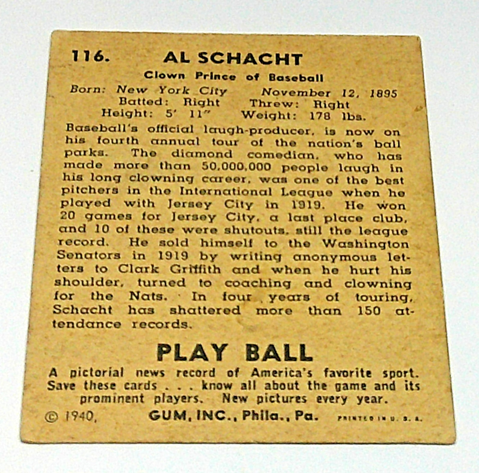 1940 Al Schacht Play Ball base card #116 Vintage Card | eBay