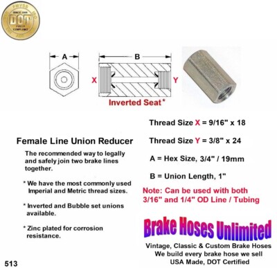 FEMALE BRAKE LINE UNION REDUCER - 9/16" x 18 Inverted to 3/8" x 24 ...