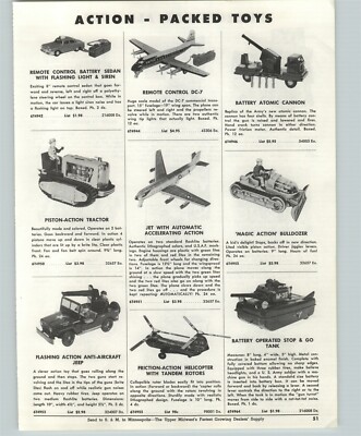 1957 PAPER AD Toy Magic Action Bulldozer Friction Helicopter Jeep Farm ...