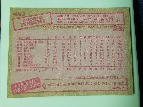 1985 Topps George Wright Texas Rangers #443 | eBay