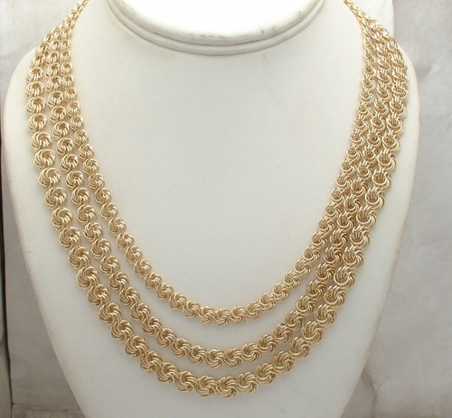 Technibond Triple Strand Rosette Chain Necklace 14K Yellow Gold Plated ...