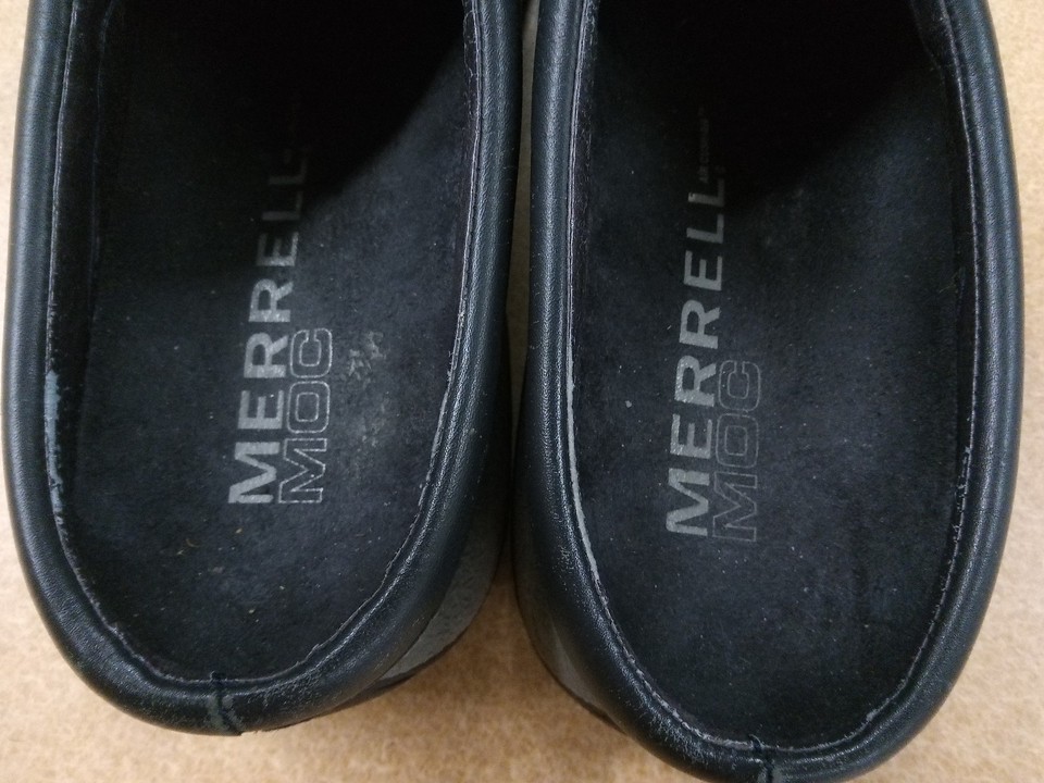 Comfort MERRELL Black Gray LEATHER Beige LOGO Women Size 11 Slides ...