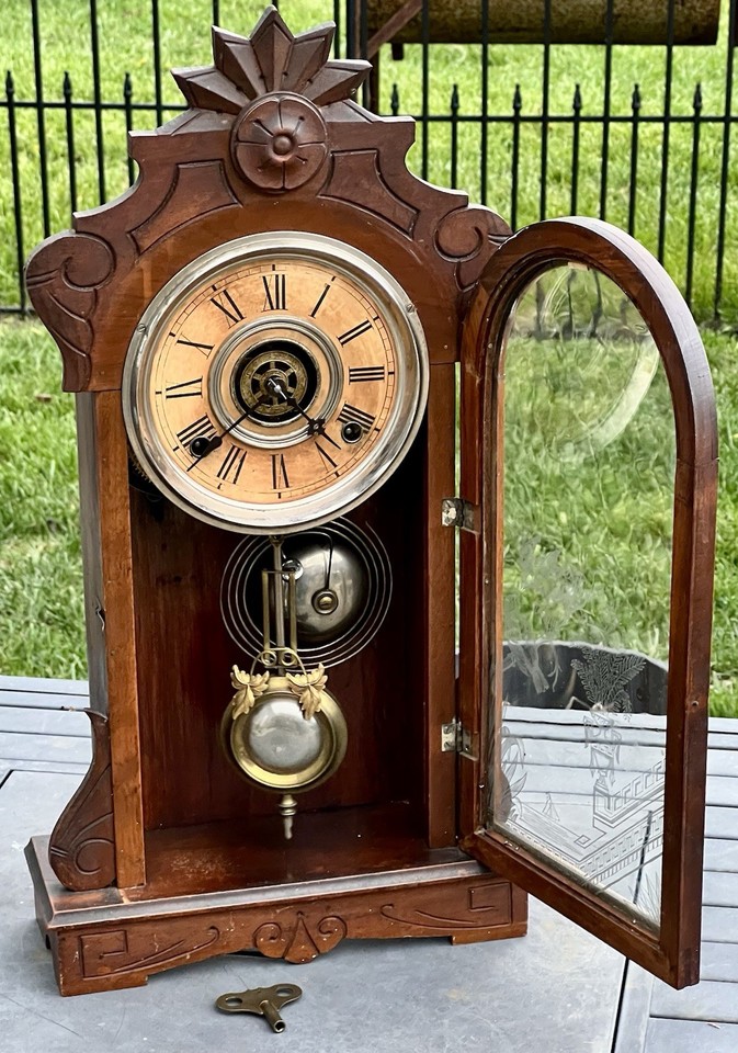 ANTIQUE VICTORIAN PARLOR 21" GILBERT MANTLE SHELF WIND UP CLOCK ...