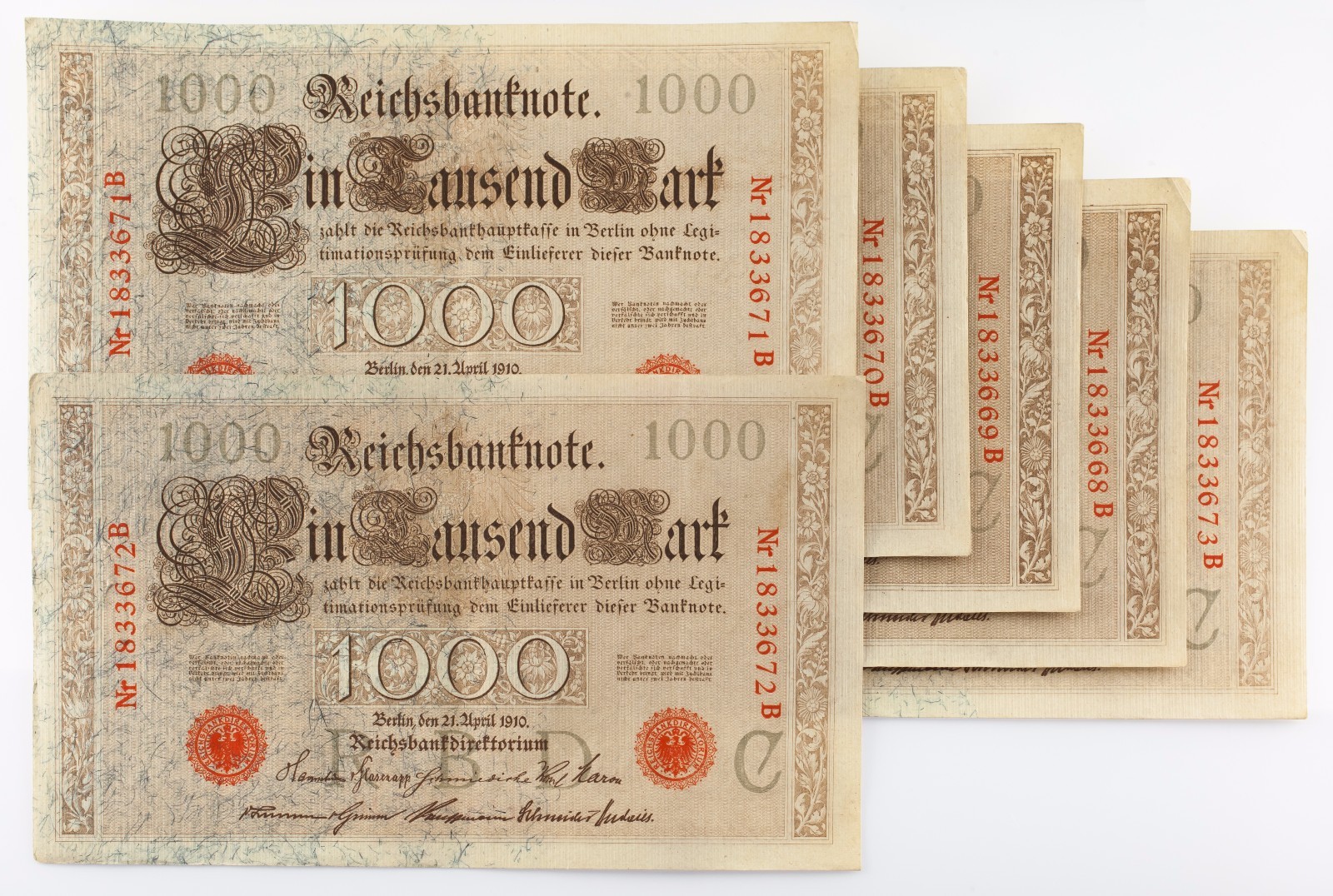 1910 (1918 - 1922) Reichsbanknote Lot of 6 Sequential 1000 Mark ...