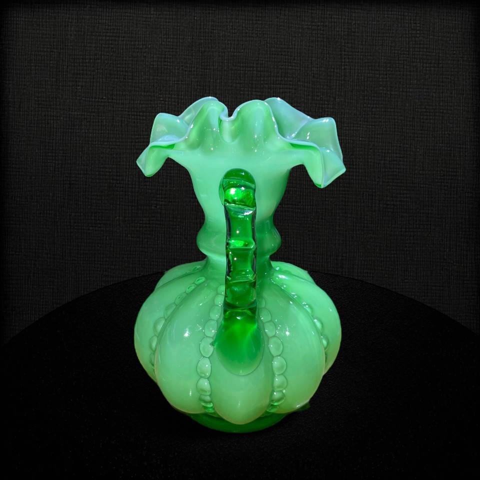 6” FENTON Glass Pitcher Vase Beaded Melon Green Overlay Vintage ...