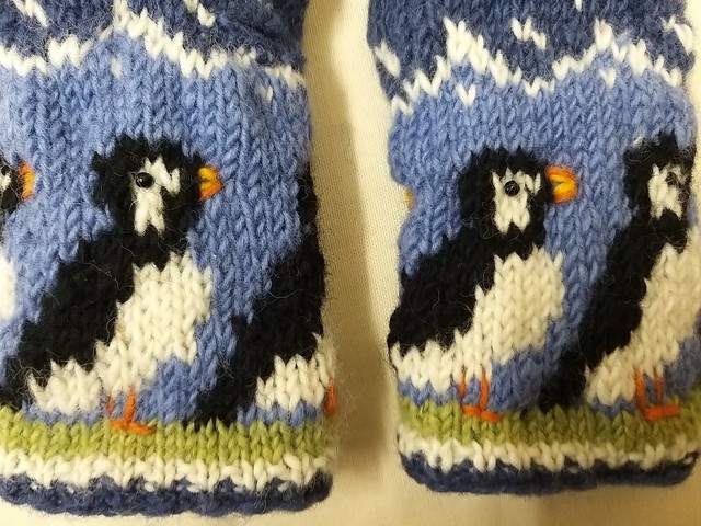 Hand Knitted Woolen Puffin Design Fingerless Mittens Gloves Fleece ...