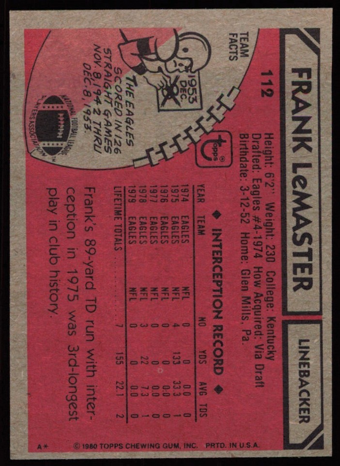 1980 Topps Frank LeMaster Philadelphia Eagles #112 | eBay