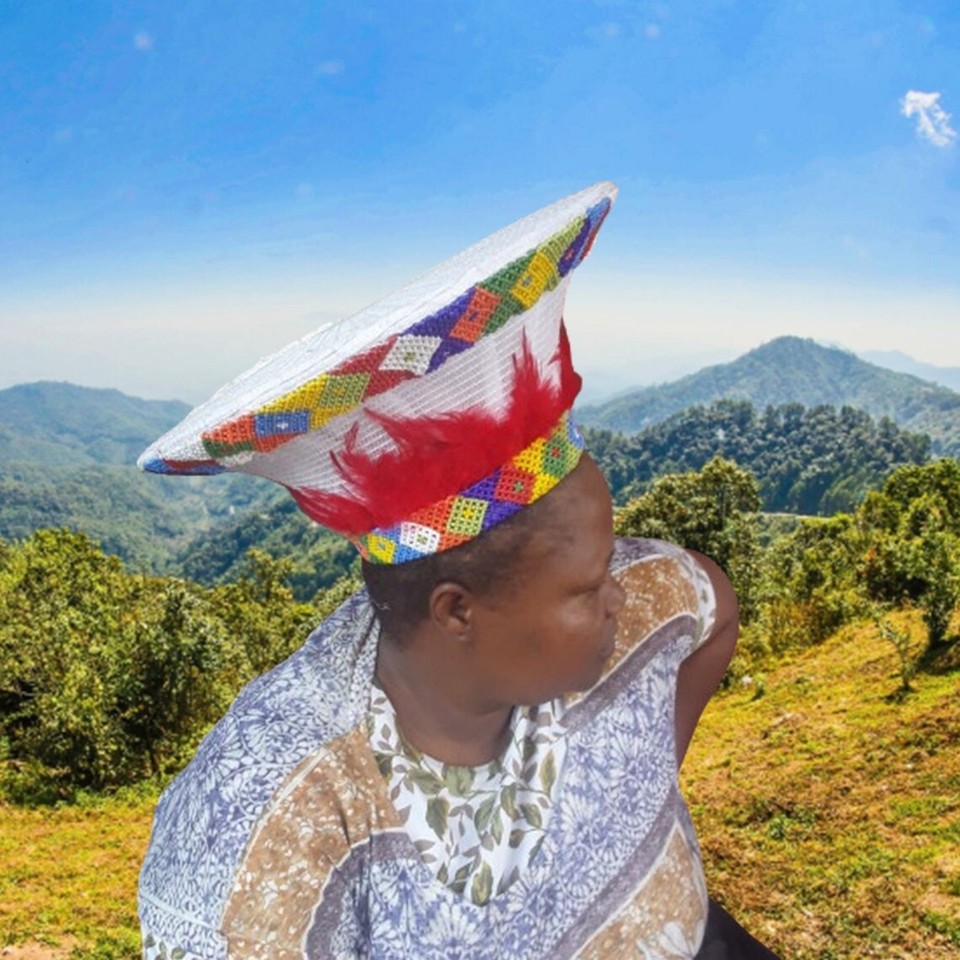 Traditional White Zulu Isicholo Hat with Multicolored Beadwork & Red ...