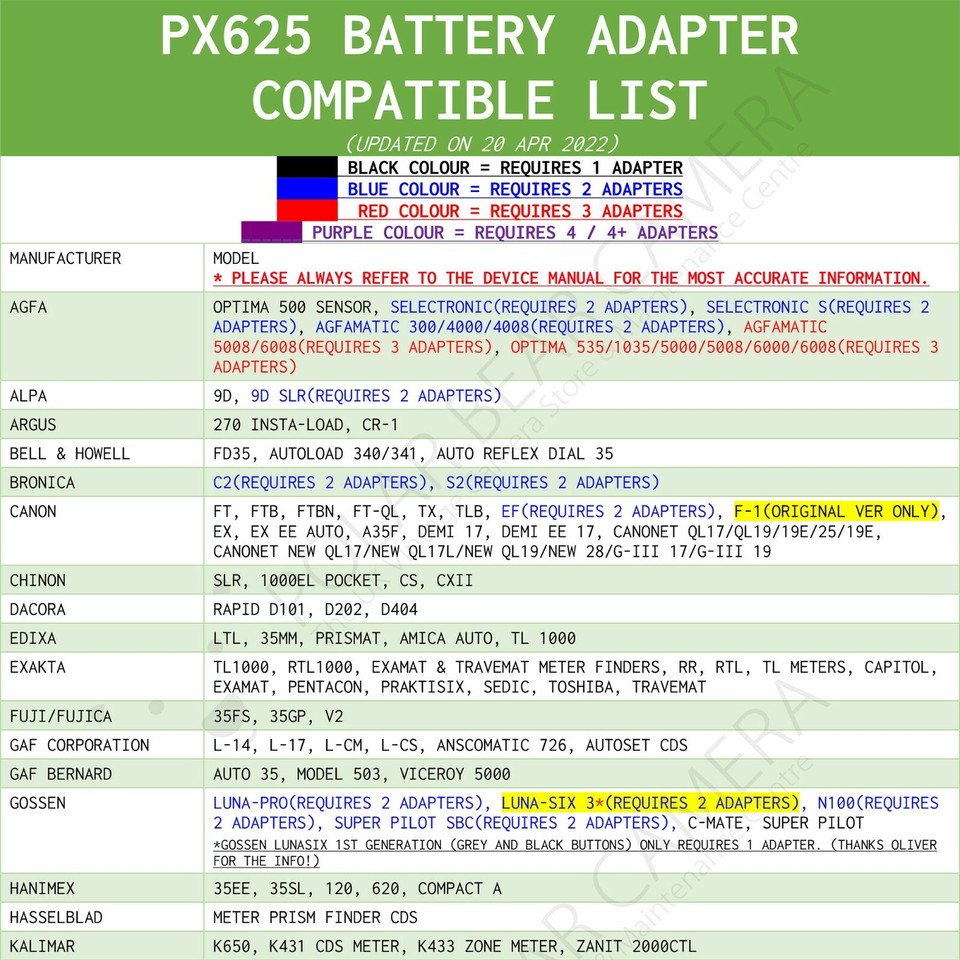 PX625 Battery Adapter PRO +1.35V Cell for Film Camera/Light Meter MR9 ...