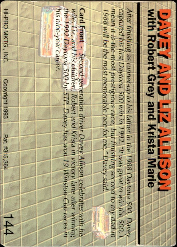 1993 Action Packed #144 Davey Allison TA/Liz Allison/Robbie/Krista ...