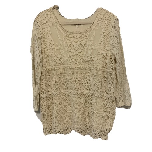 TravelSmith Top Womens Medium Ivory Crochet Overlay Boho Stretch Artsy ...