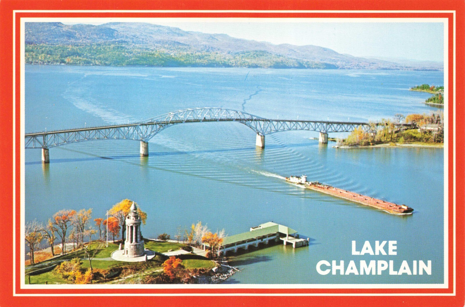 Postcard NY Lake Chaplain Bridge Shipping Vessel Crown Point to Chimney ...