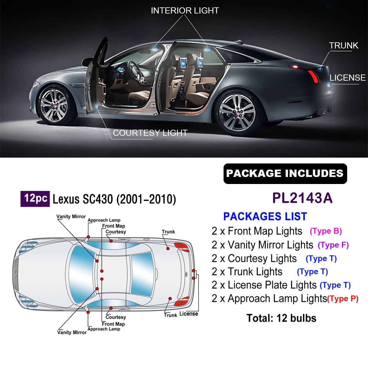 12Lights White LED Interior Light Kit For Lexus SC430 2001-2010 Bulbs ...