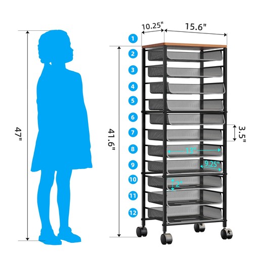 12 Tier Rolling File Cart,Wood Desk File Organizer with Sliding Trays ...