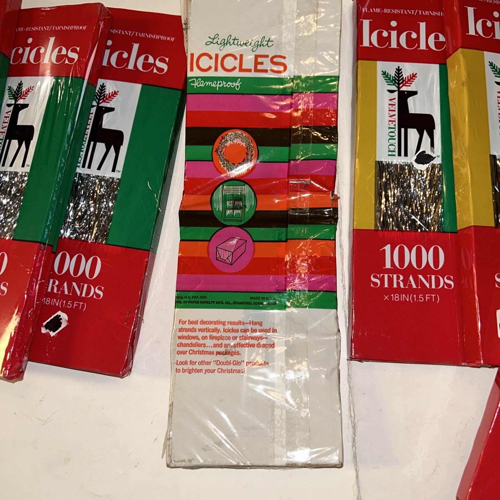 Seven boxes Vintage Velvetouch Icicles AND one box lighter brighter ...