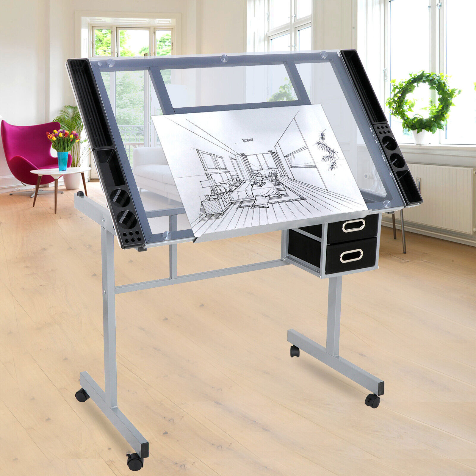 Adjustable Drawing Drafting Table Tempered Glass Art Craft Work Table w ...