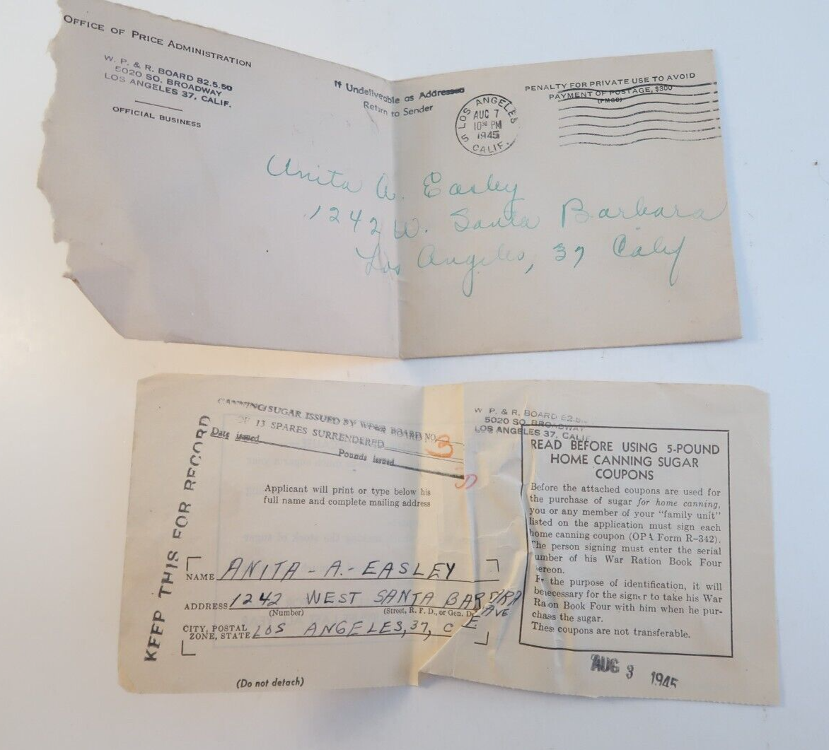 Office of Price Administration 1945 War Time Letter Rations with ...